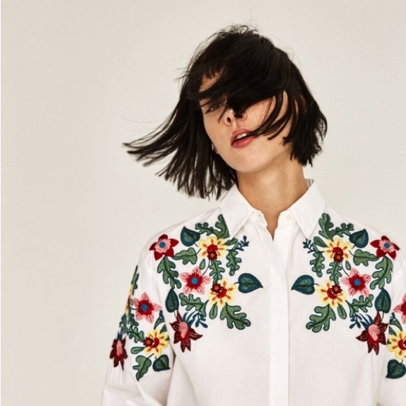 Zara | Tops | Zara Women White Red Green Floral Embroidery Long Sleeves ...